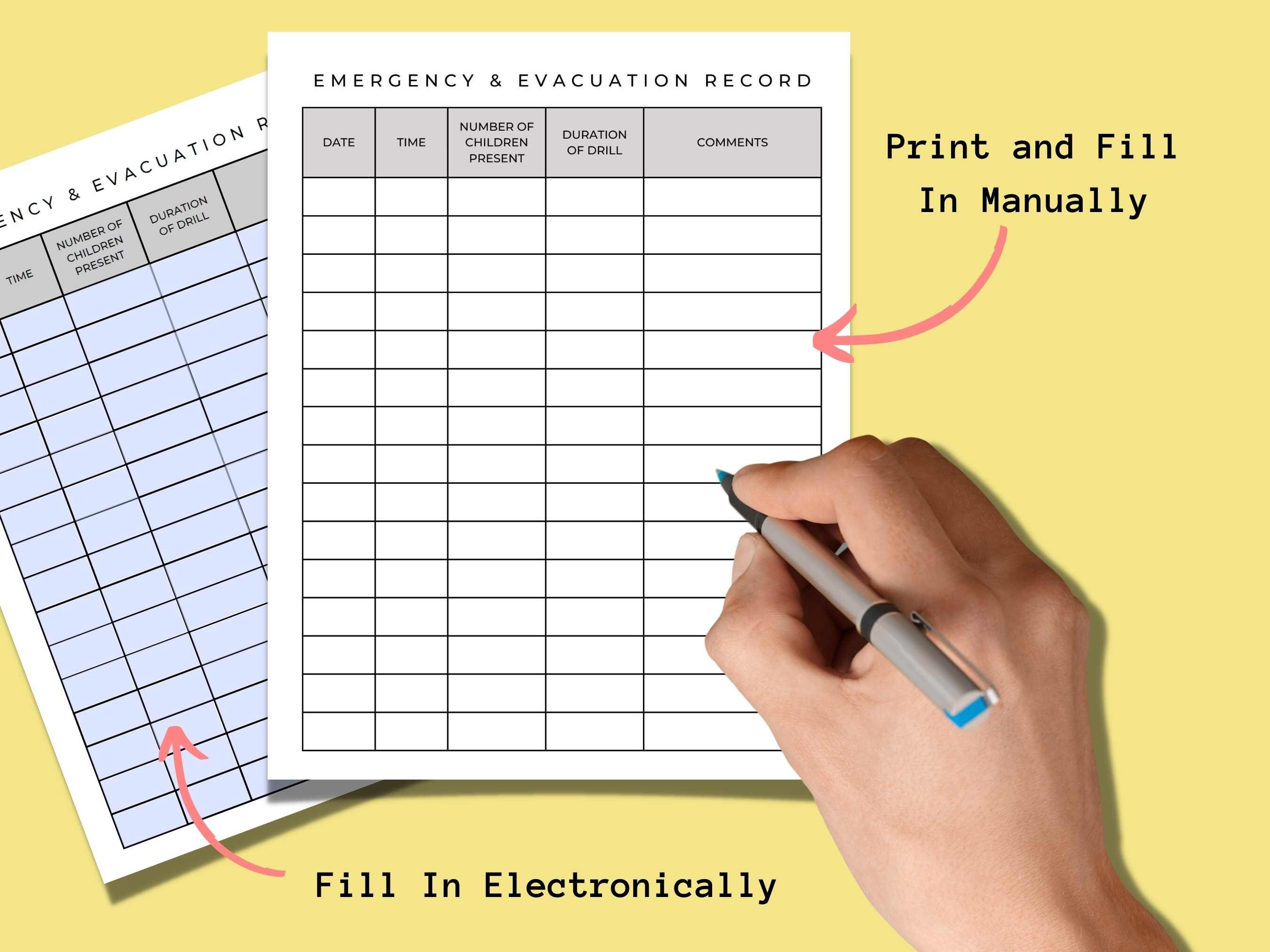 Emergency and Evacuation Record for Daycares | Daycare Fire Drill ...