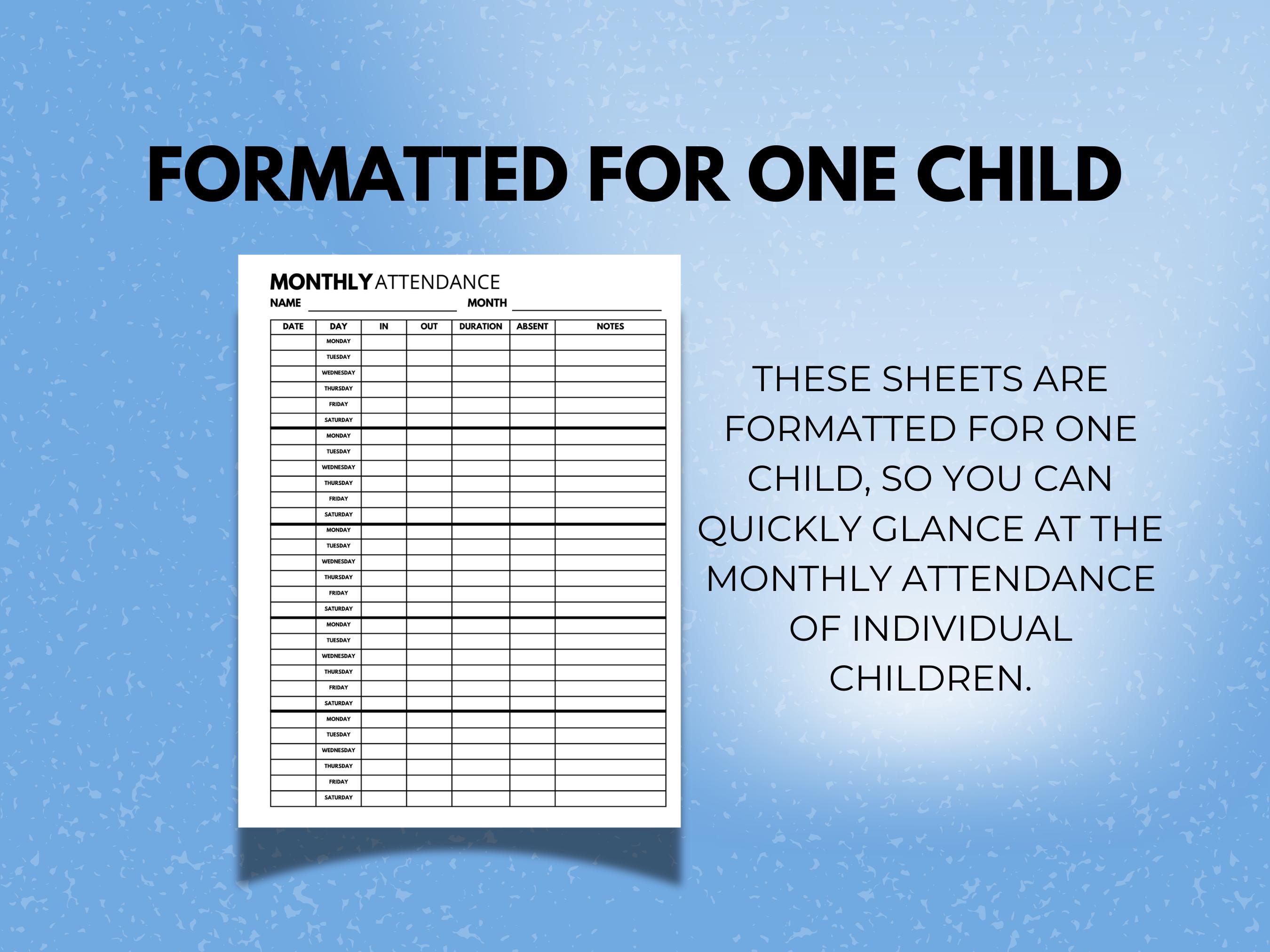 5 Week Daycare Attendance Sheet for Home Daycare and Childcare Centers ...