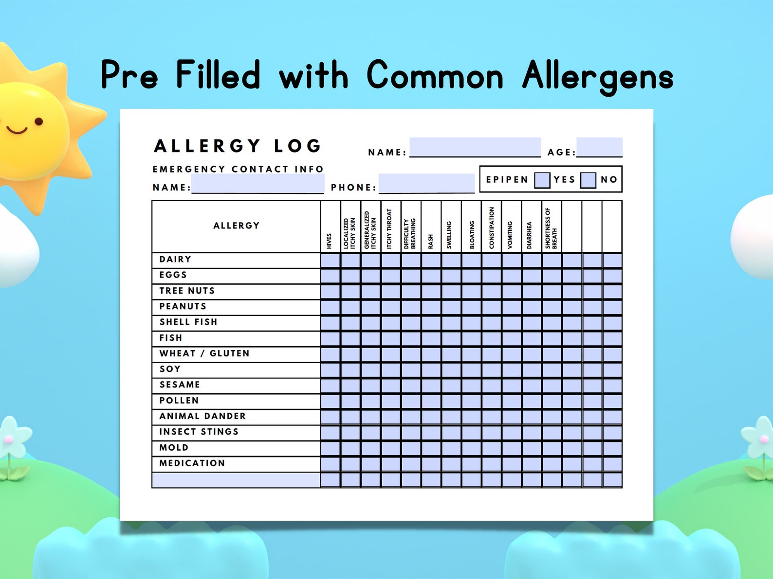 Daycare Allergy Log | Daycare Allergy Form | Childcare Allergy Plan ...
