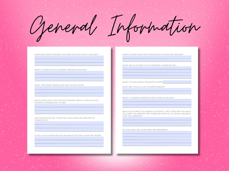 Daycare All About Me Forms: Child Information Sheet for Home Daycare ...