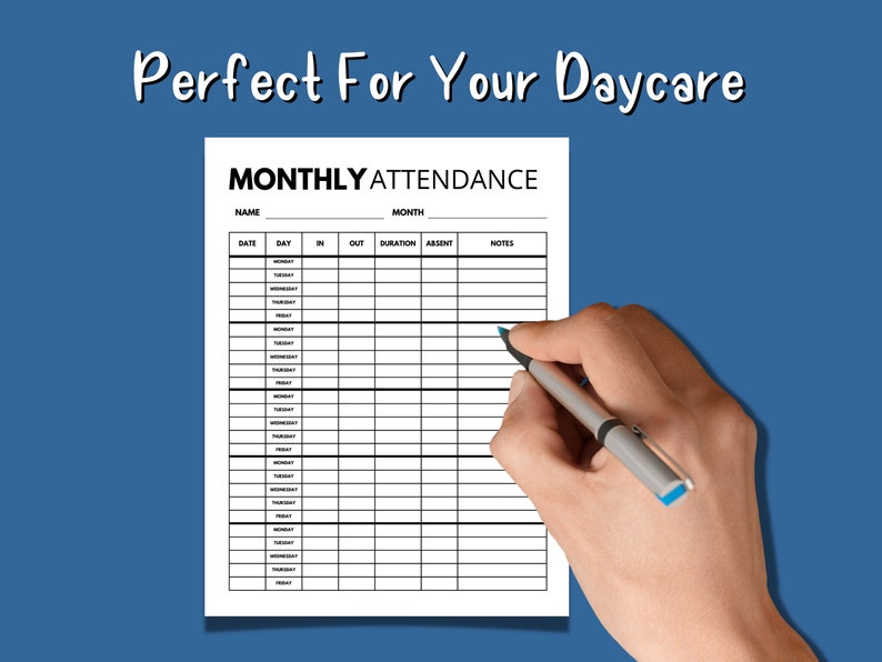 Monthly Attendance Sheet for Daycares Childcare Attendance Log Daycare ...