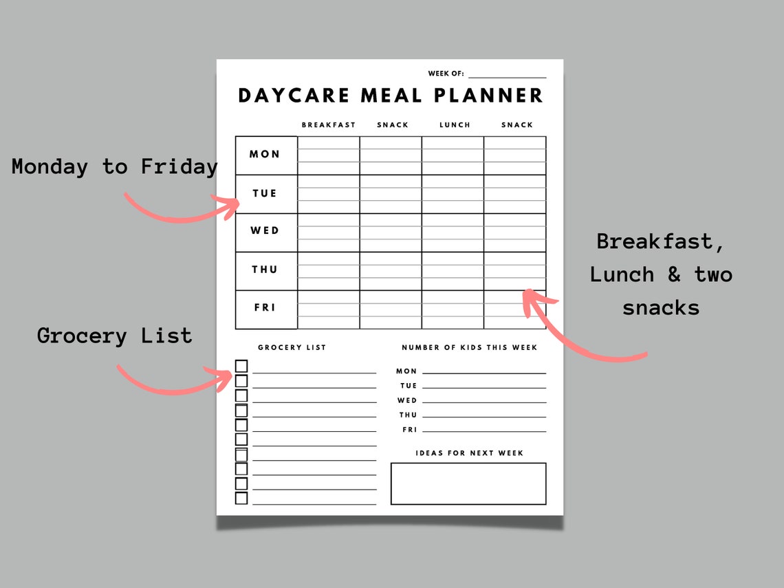 Daycare Meal Planner Daycare Menu Planner Weekly Meal - Etsy