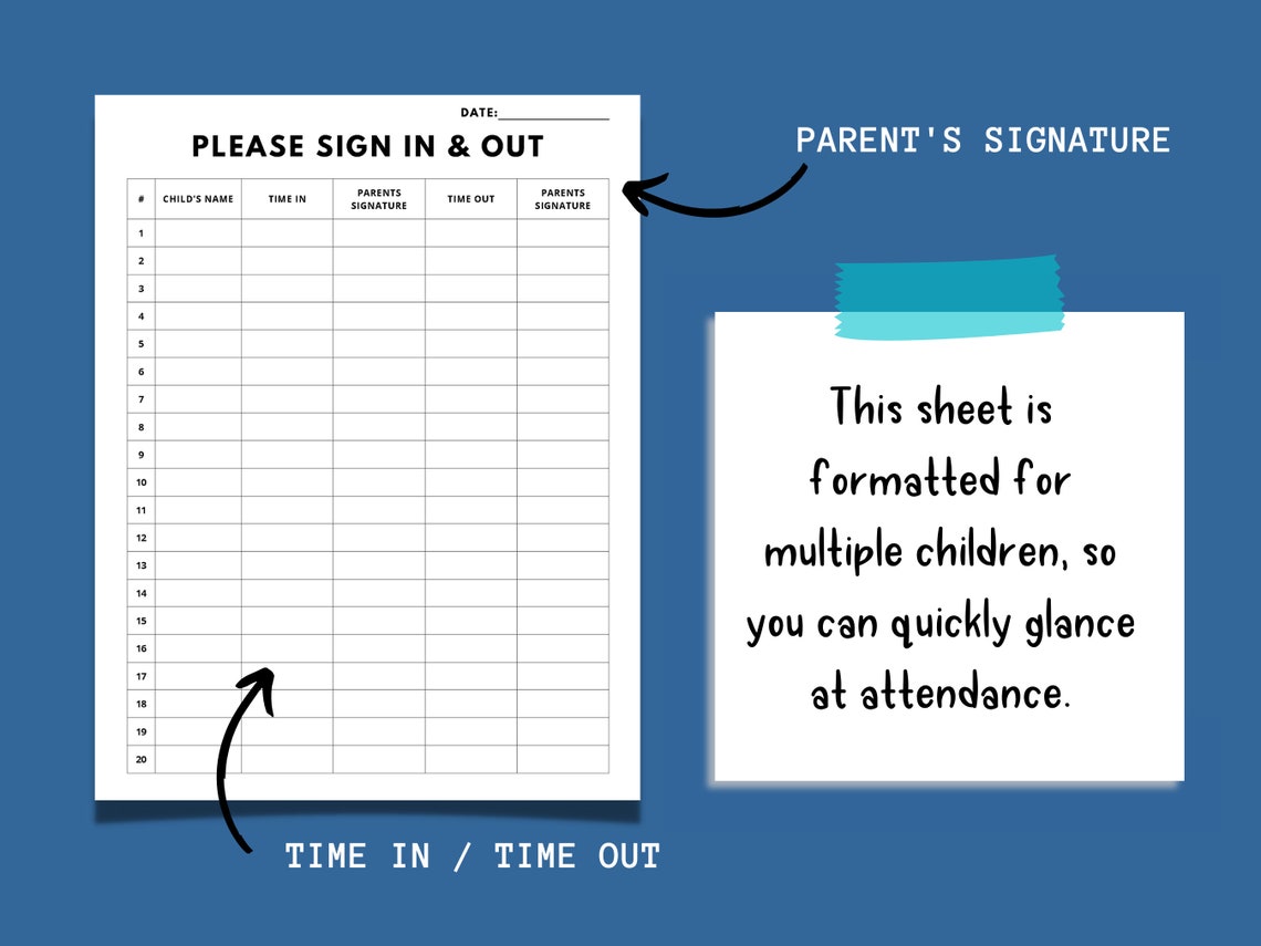 Numbered Child Care Sign in Sheet Attendance Sheet Numbered Sign in and ...