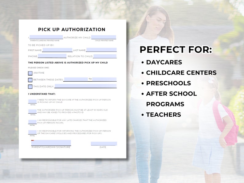Childcare Pick-up Authorization Form for Home Daycare & Childcare ...