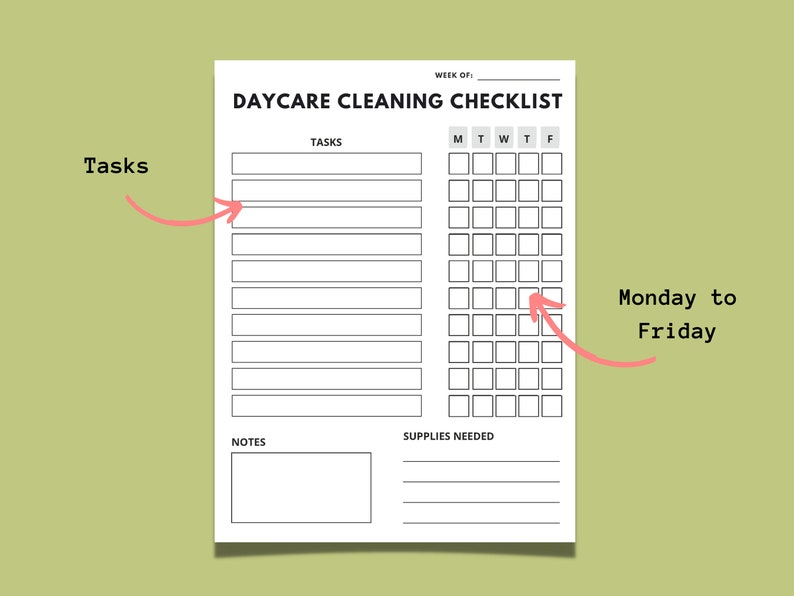 Daycare Weekly Cleaning Checklist Daycare Cleaning Schedule - Etsy