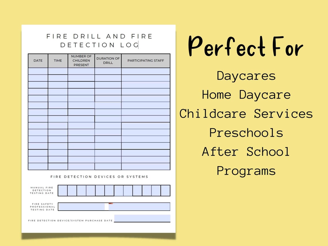 Fire Drill and Fire Detection Log | Daycare Fire Drill Log | Childcare ...