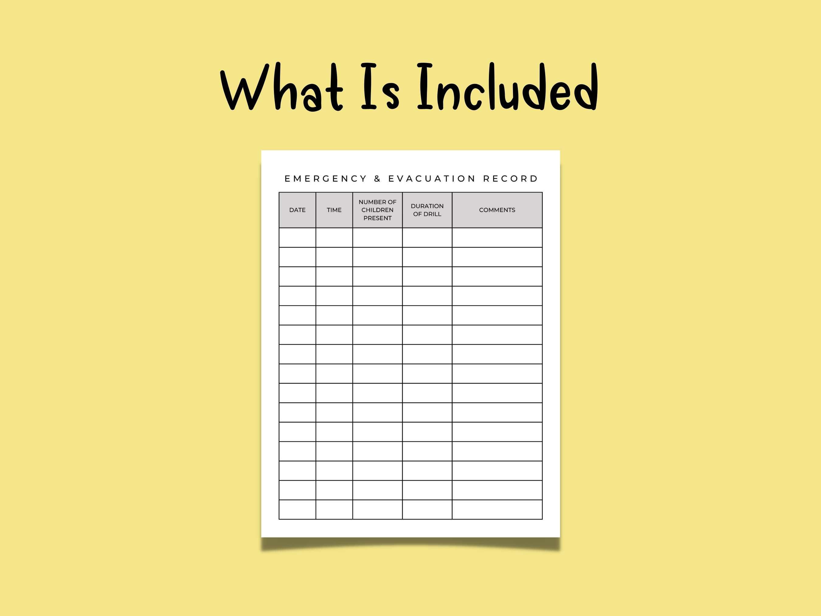 Emergency and Evacuation Record for Daycares | Daycare Fire Drill ...