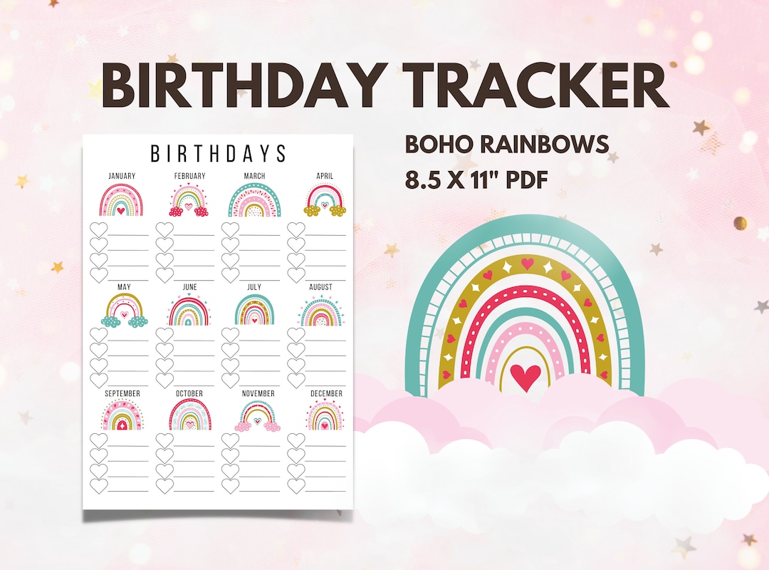 Boho Rainbow Birthday Tracker | Birthday Tracker Printable Template ...