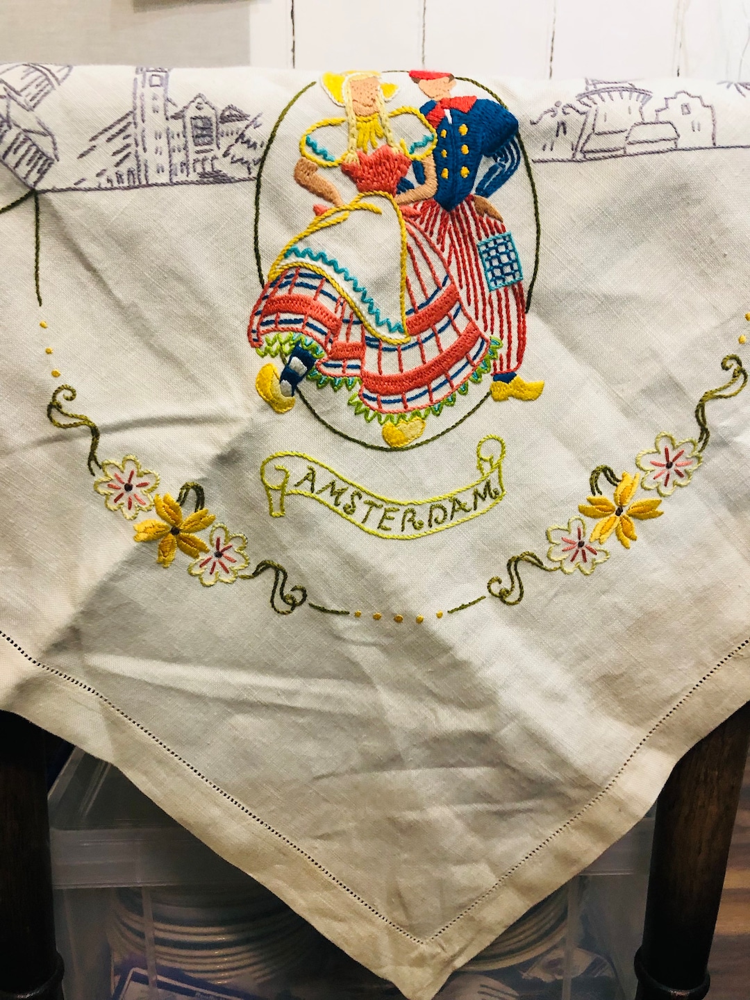 Vintage Embroidery Linen Table Cloth, London, Paris, Copenhagen, Vienna ...