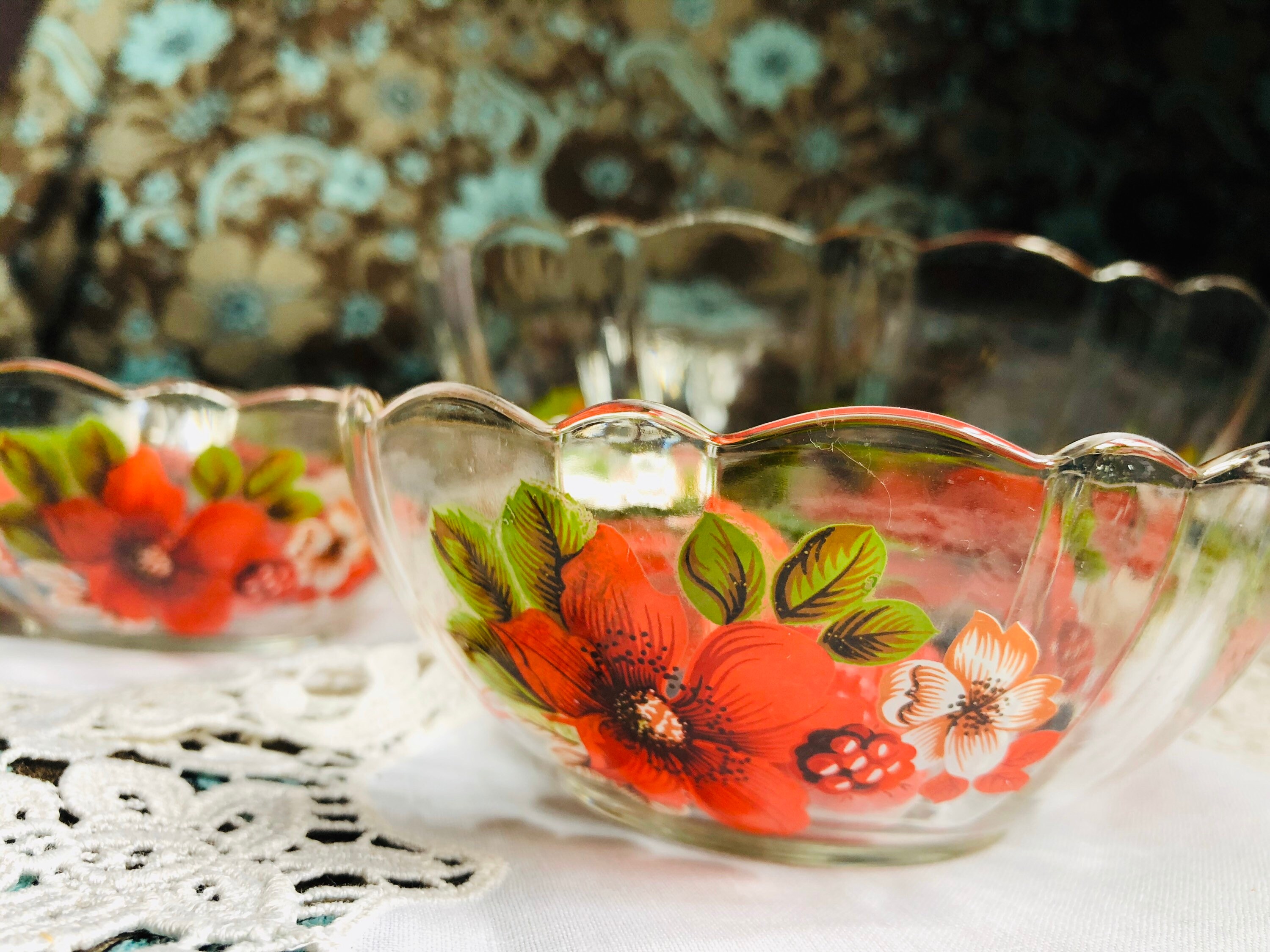 Vintage French Glassware Red Berry Flower Print Fruits Salads Deserts ...