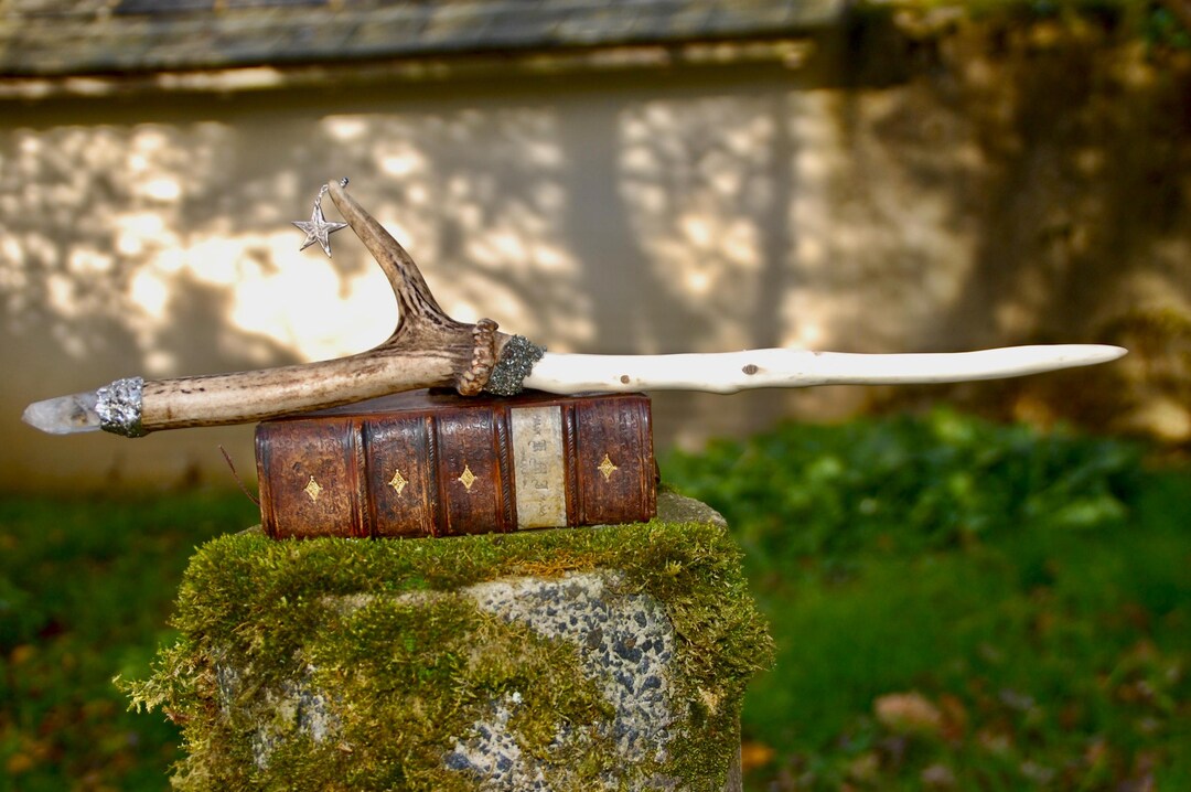 Antler and Holly Wand With Pure Silver Star and Lodalite Quartz Point ...