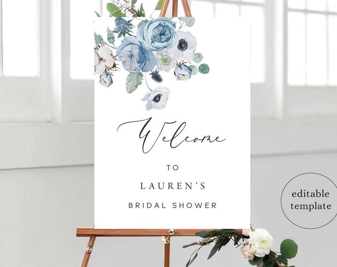 Dusty Blue Flower Bridal Shower Sign Vintage Blue Floral Bridal Shower ...