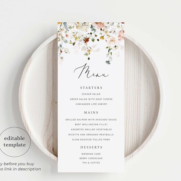 Wedding Menu Template Floral - Etsy