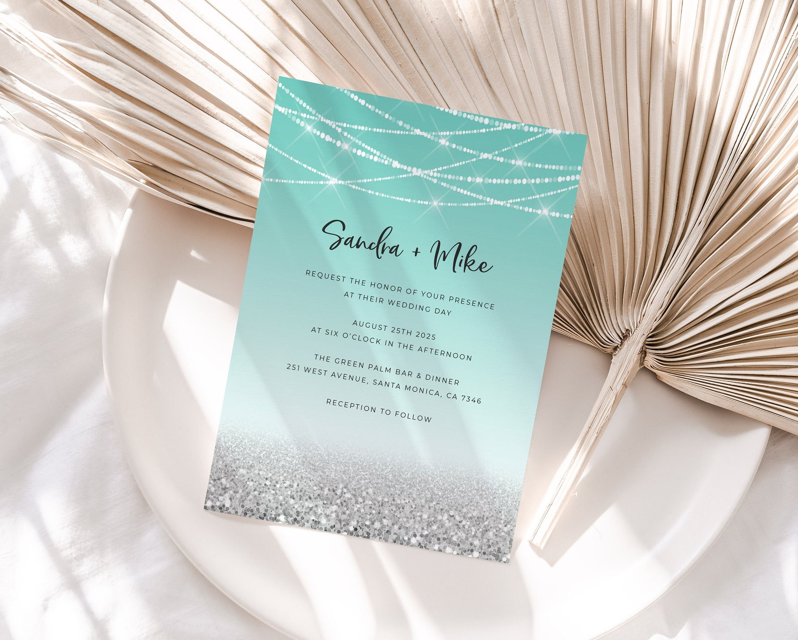 Teal Wedding Invitation Printable Aqua Blue Silver Wedding - Etsy