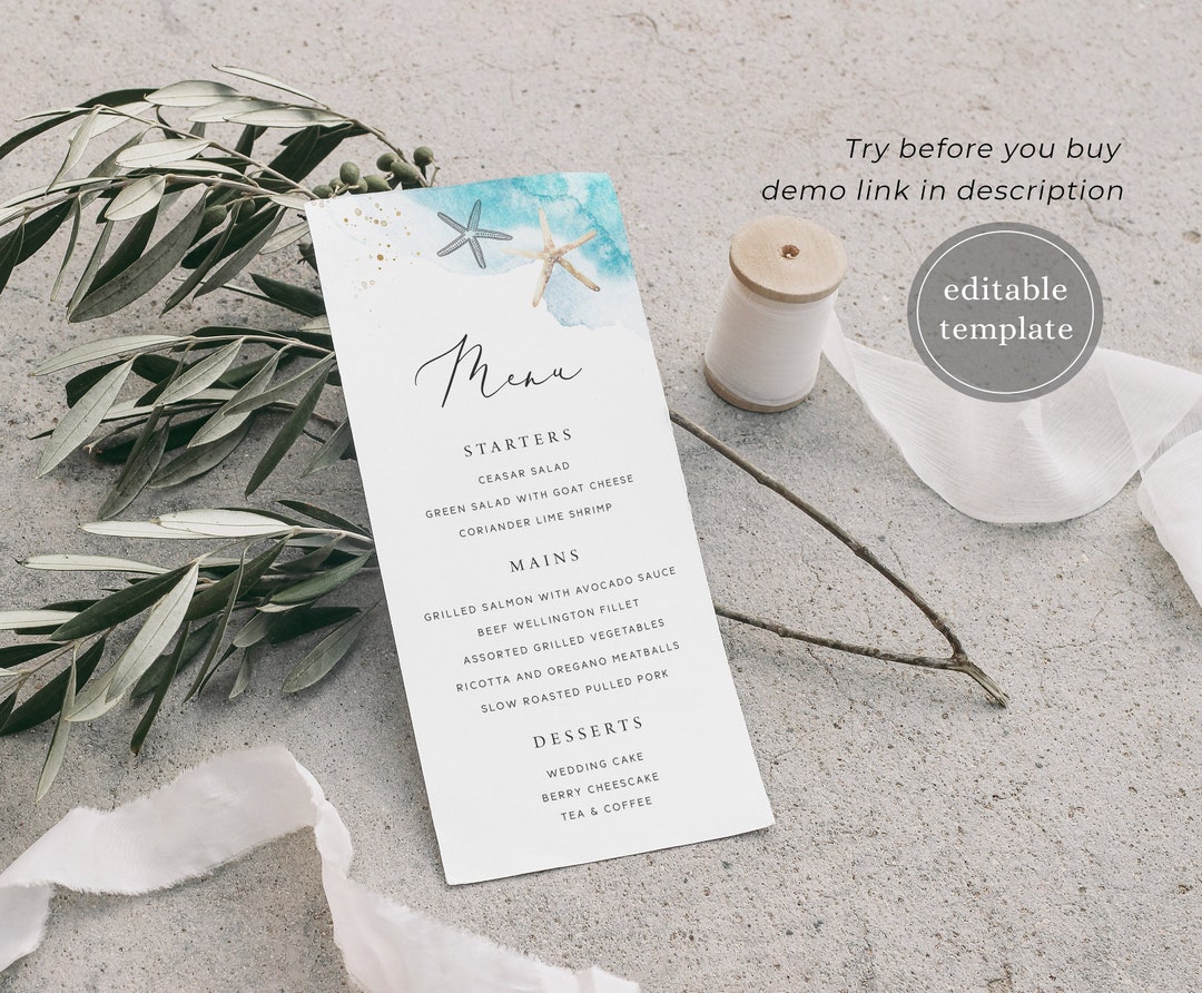 Beach Wedding Menu Template, Sea Ocean Wedding Menu, Shell Wedding Menu ...