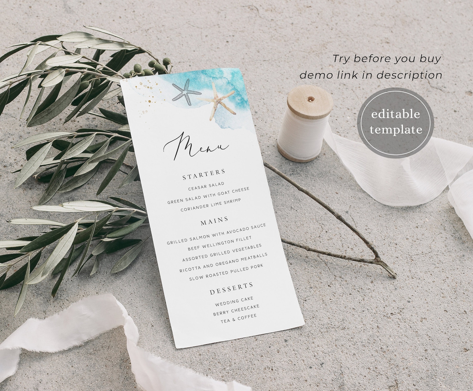 Beach Wedding Menu Template, Sea Ocean Wedding Menu, Shell Wedding Menu ...