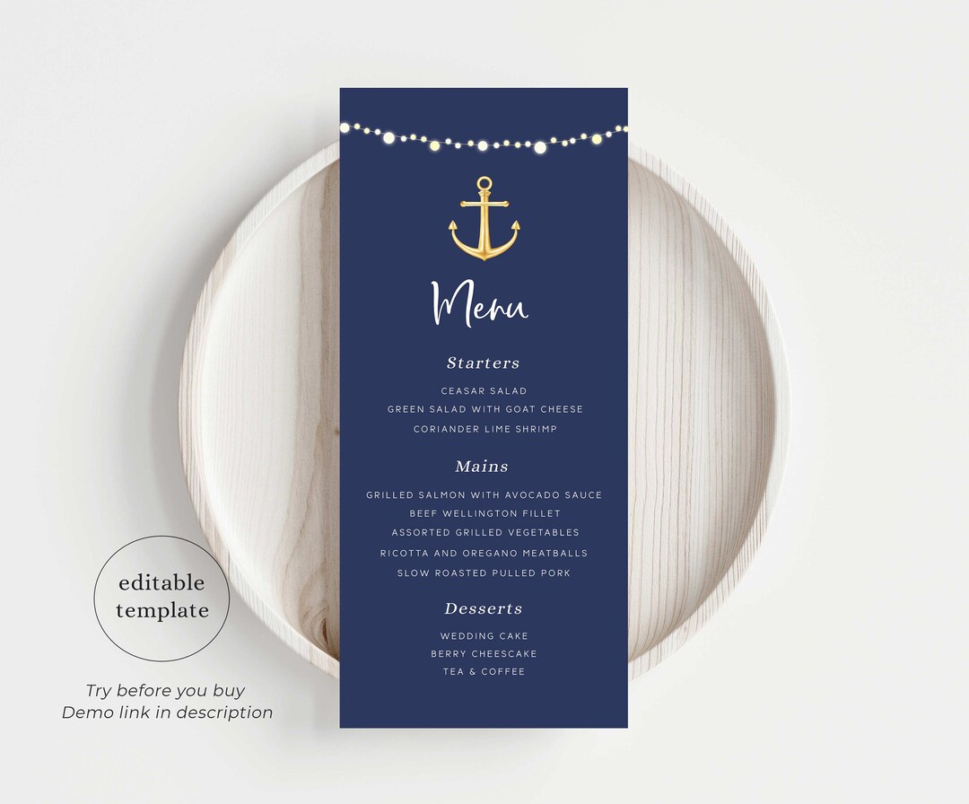 Nautical Wedding Menu Template, Sea Ocean Wedding Menu, Editable Navy ...