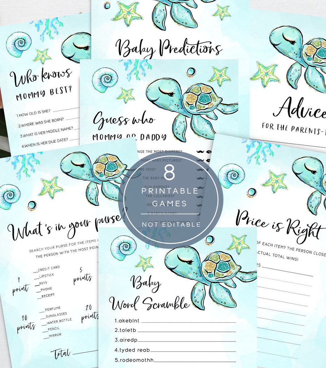 Under the Sea Baby Shower Games Bundle, Beach Baby Shower Games, Turtle ...