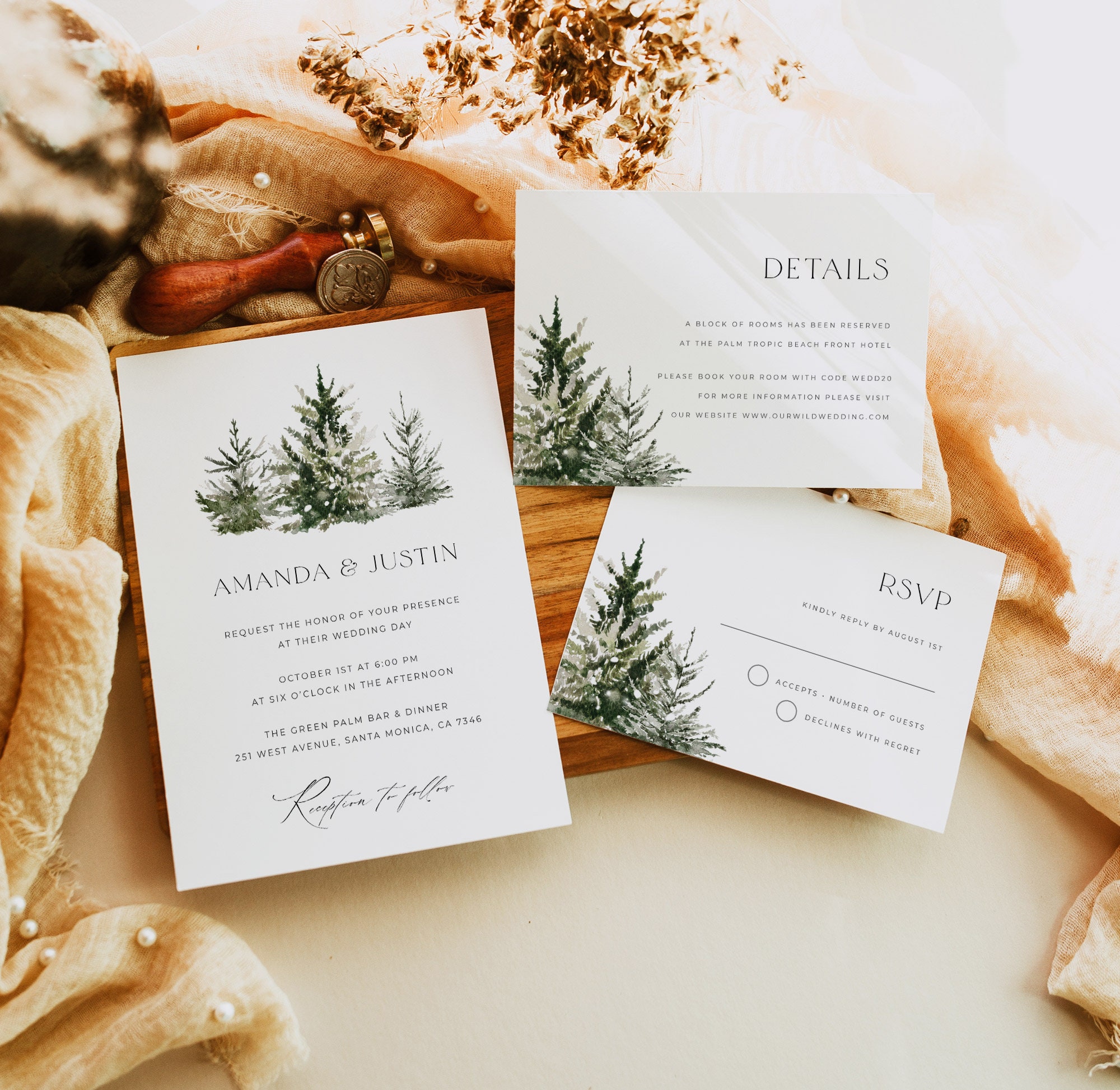 Winter Wedding Invitation Template Pine Wedding Invitation - Etsy
