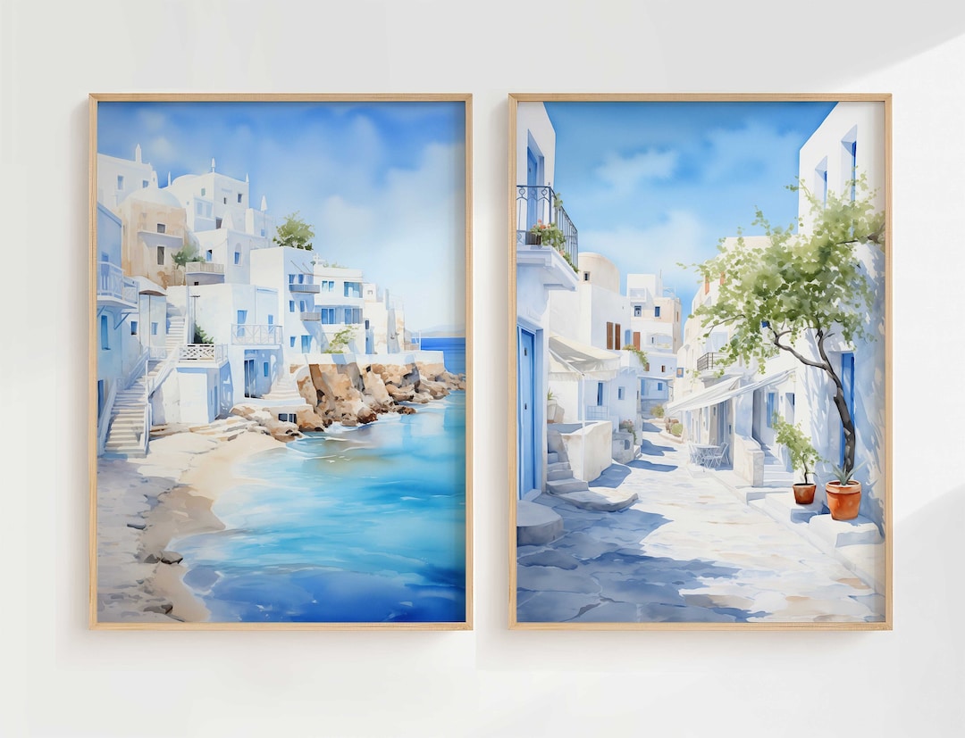 Mediterranean Wall Art Set, Greece Wall Art, Mykonos Santorini Wall Art ...