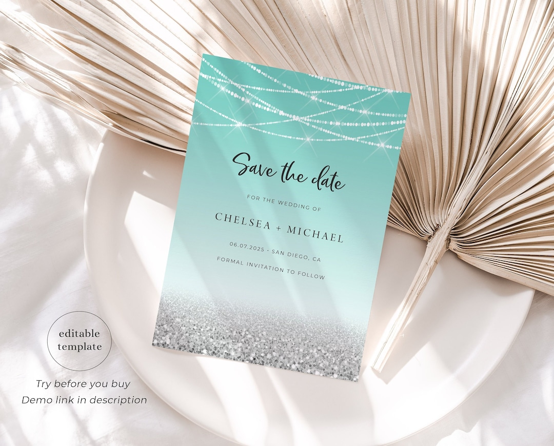 Teal Save the Date, Blue Silver Save the Date Printable, Turquoise Save ...