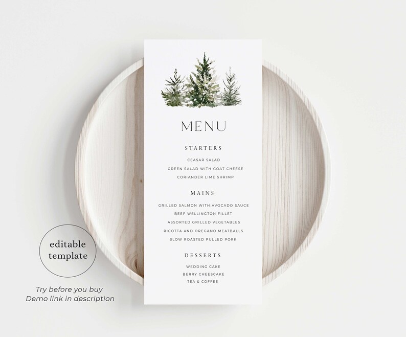 Winter Wedding Menu Printable Pine Forest Wedding Menu - Etsy