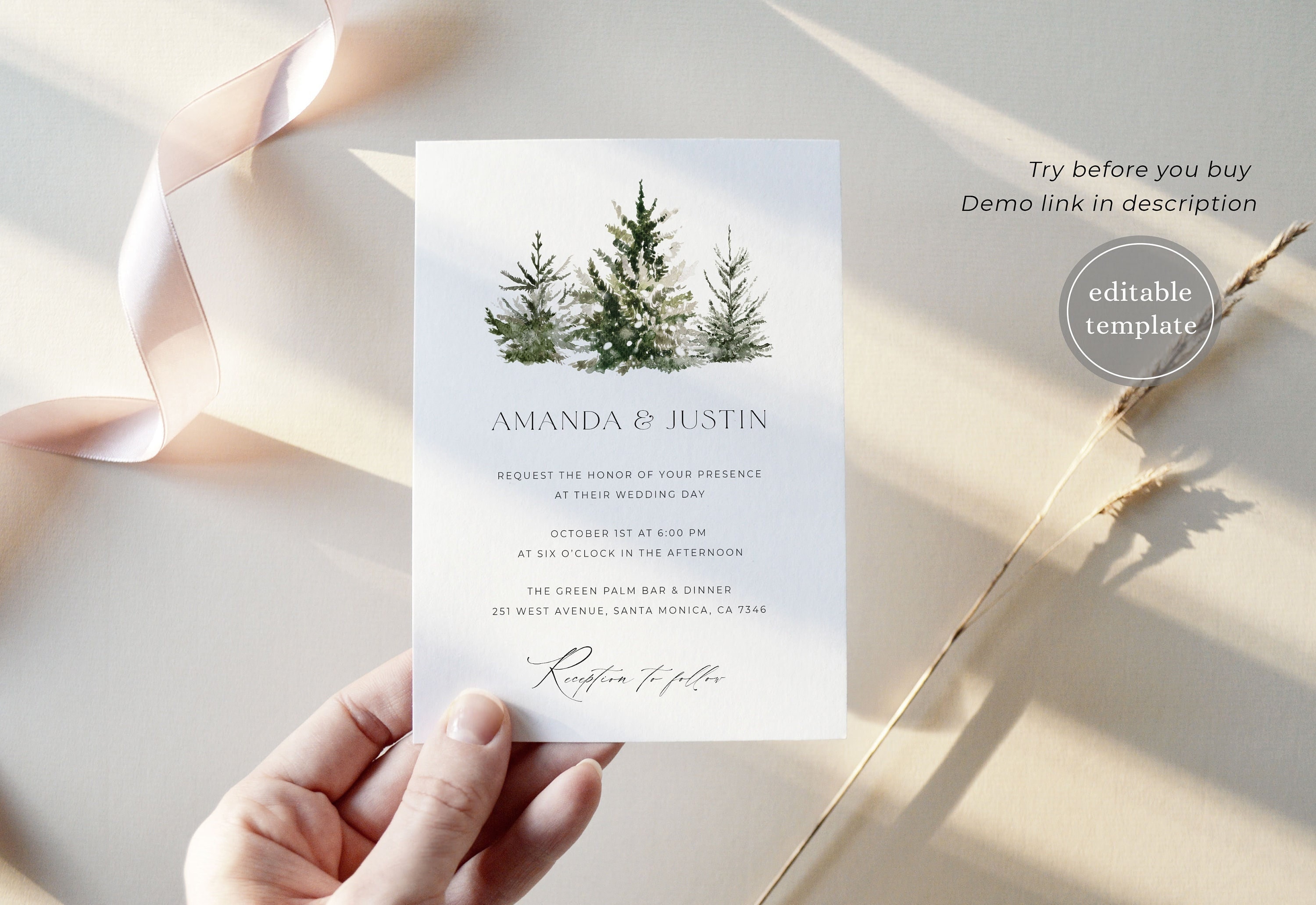 Winter Wedding Invitation Template Pine Wedding Invitation - Etsy