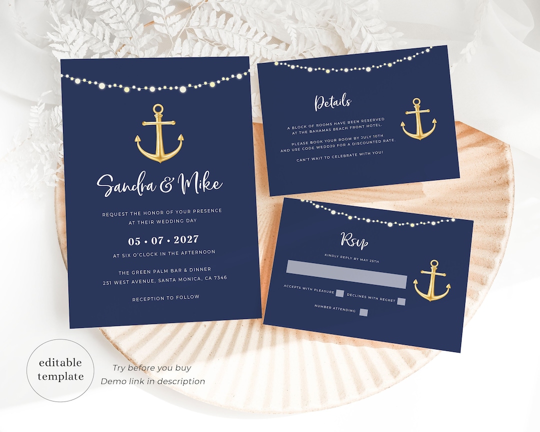 Nautical Wedding Invitation Template, Navy Ocean Wedding Invitation ...