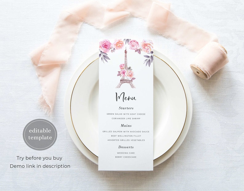 Paris Dinner Menu Template Bridal Shower Menu Paris Party | Etsy