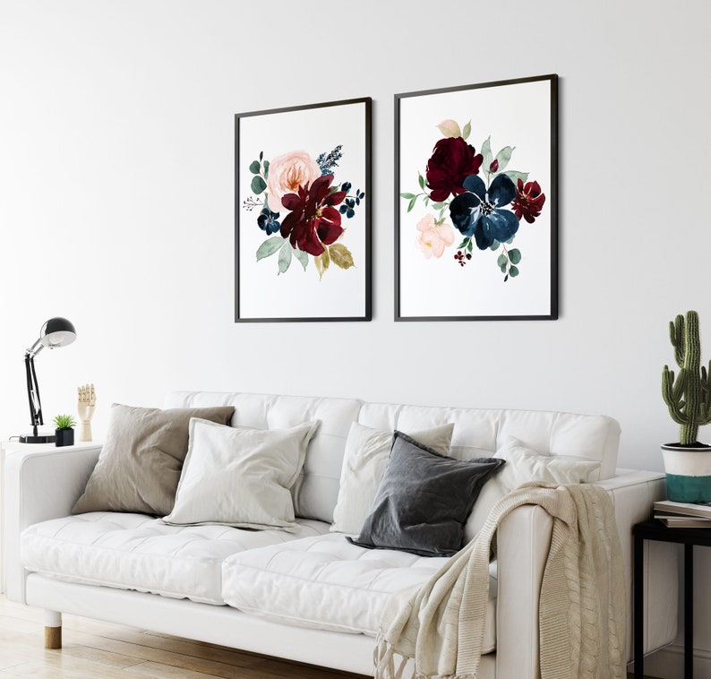 Blue Burgundy Wall Art Printable Floral Burgundy Wall Art | Etsy