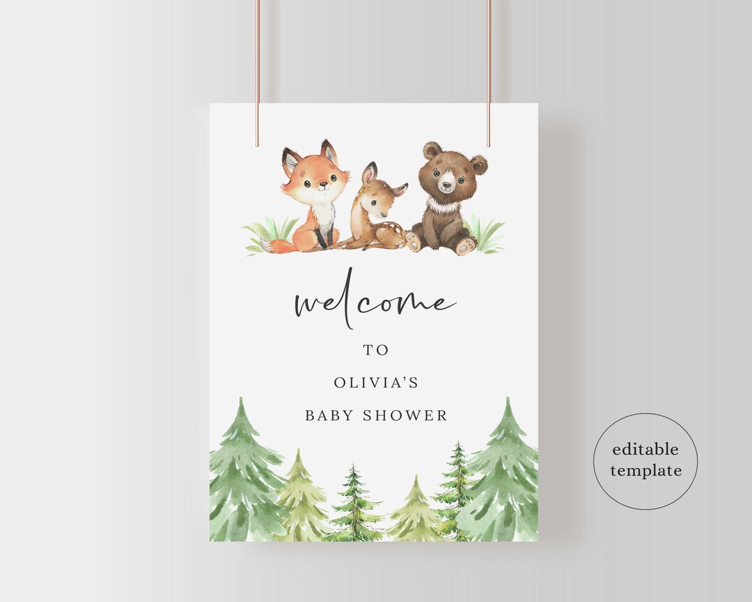 Woodland Baby Shower Welcome Sign Template, Woodland Animals Welcome ...