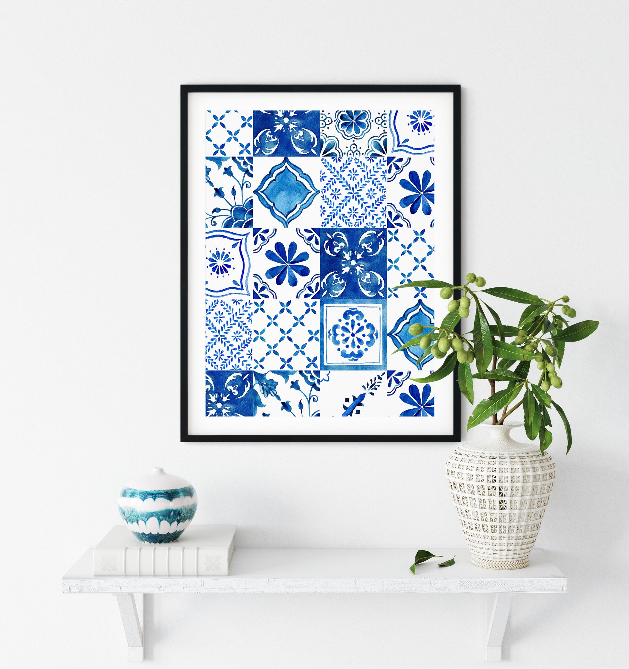 Mediterranean Wall Art Print, Blue Tiles, Santorini Greek Wall Art ...