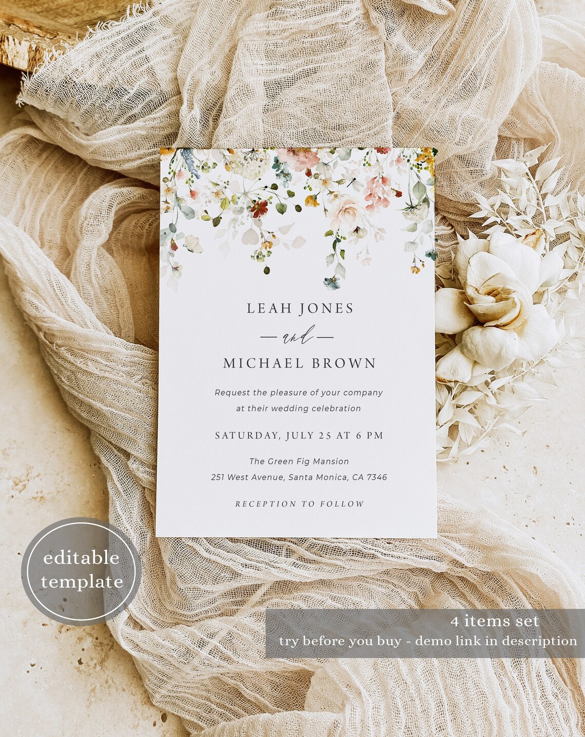 Wildflower Wedding Invitation Template Wild Flowers Wedding - Etsy