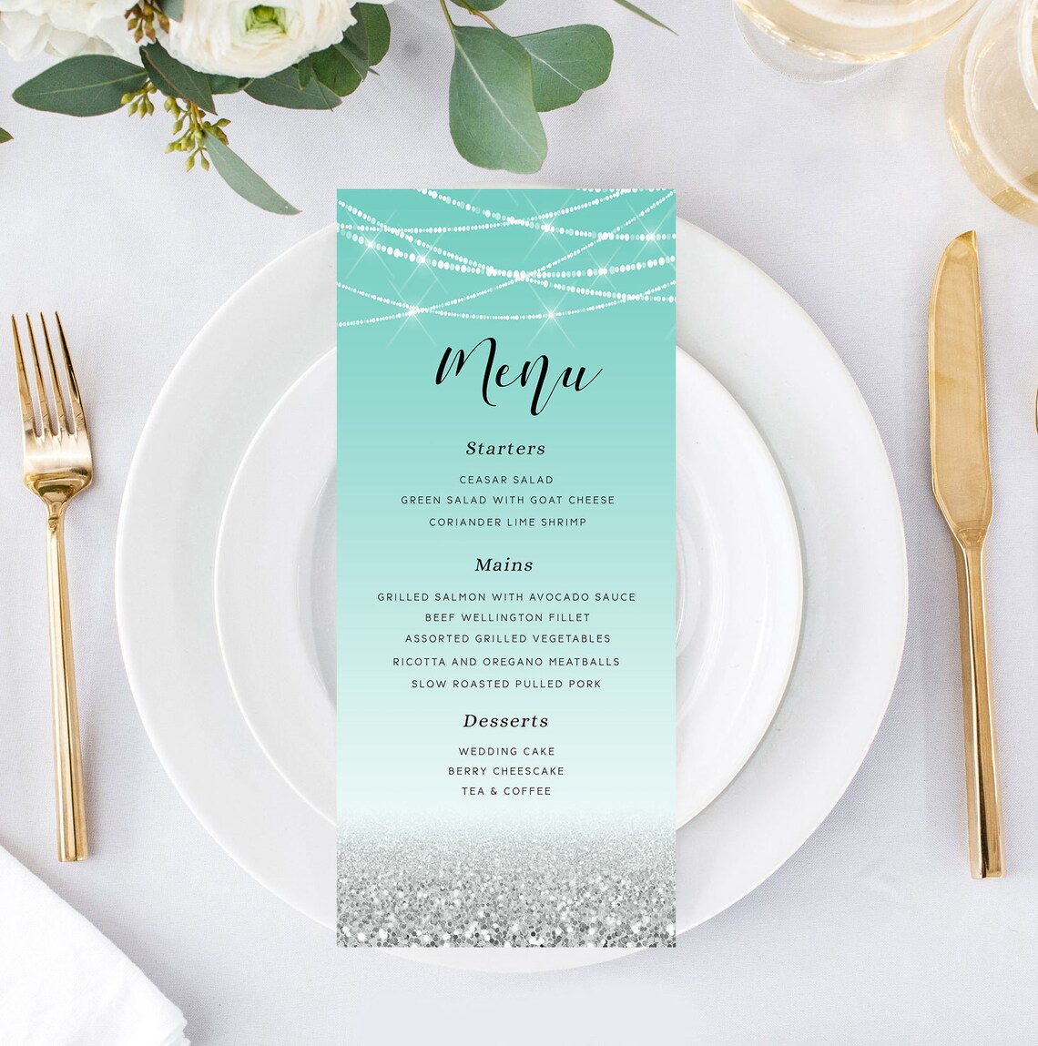 Teal Wedding Menu Printable Blue Silver Wedding Menu | Etsy