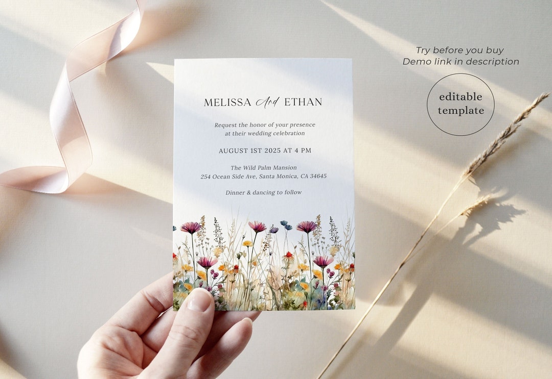 Wildflower Wedding Invitation Template, Floral Rustic Wedding Suite ...