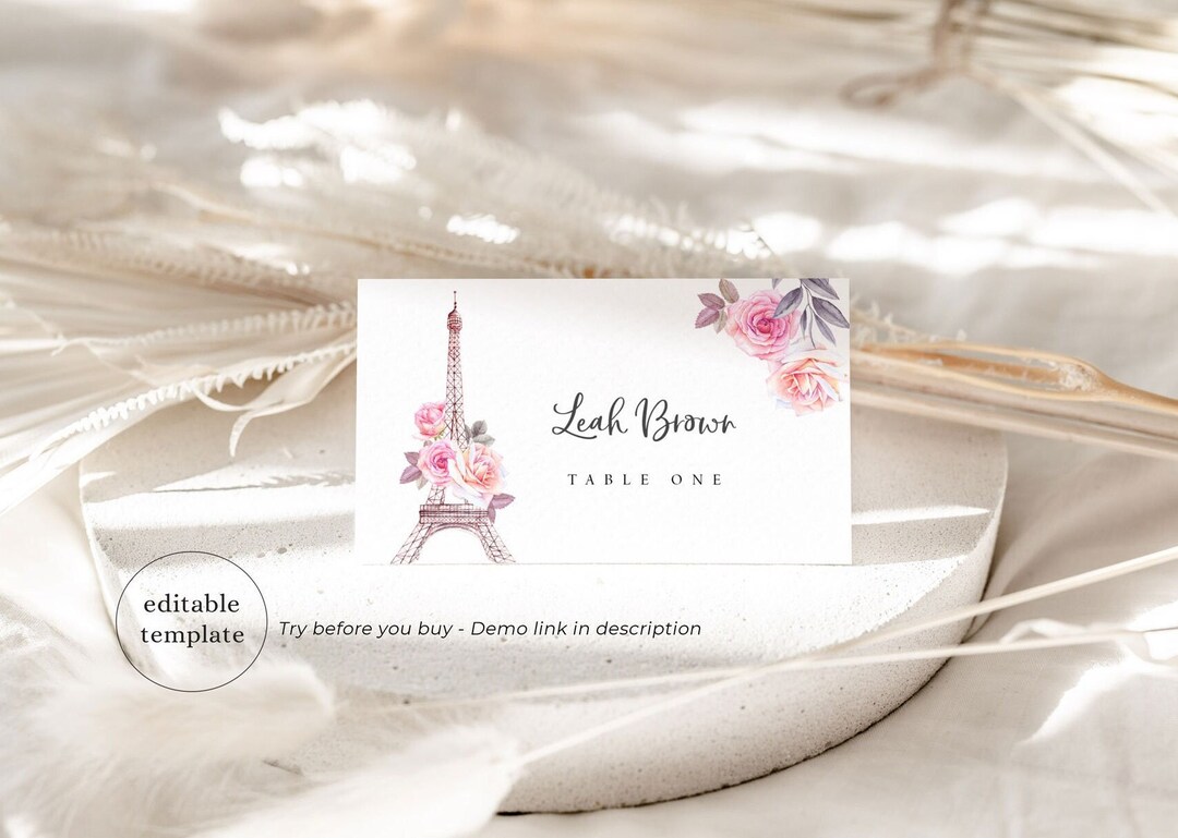Paris Place Cards Template, Paris Name Cards Instant Download, Paris ...