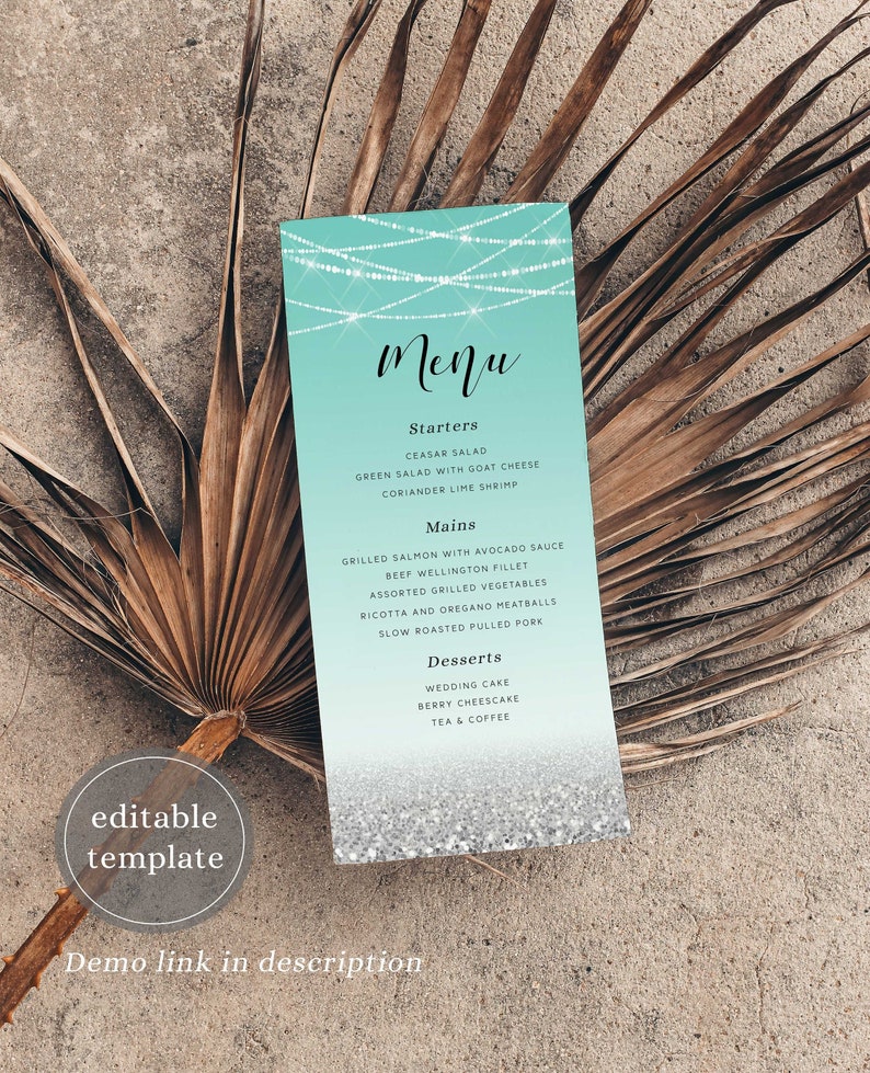 Teal Wedding Menu Printable Blue Silver Wedding Menu | Etsy