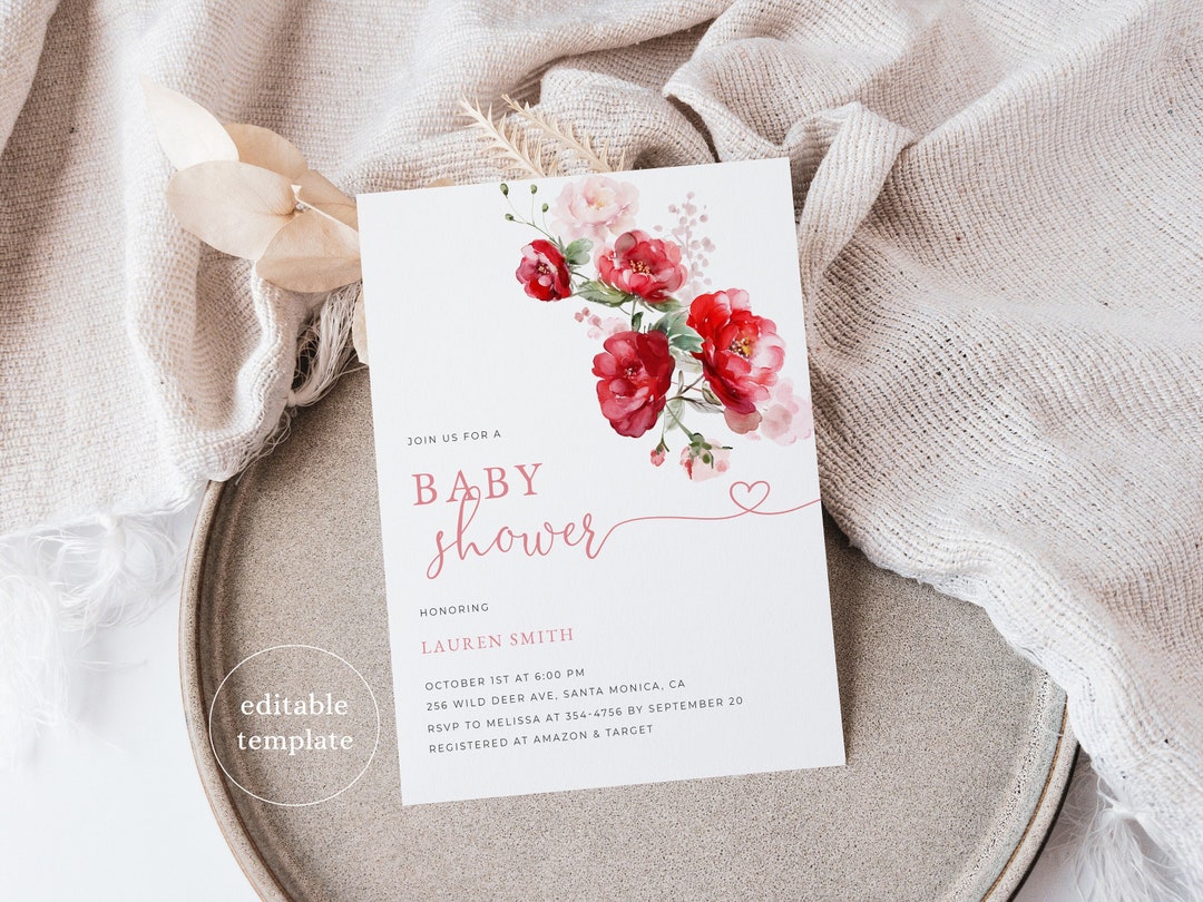 Red and Pink Baby Shower Invitation Girl, Editable Template, Red Blush ...