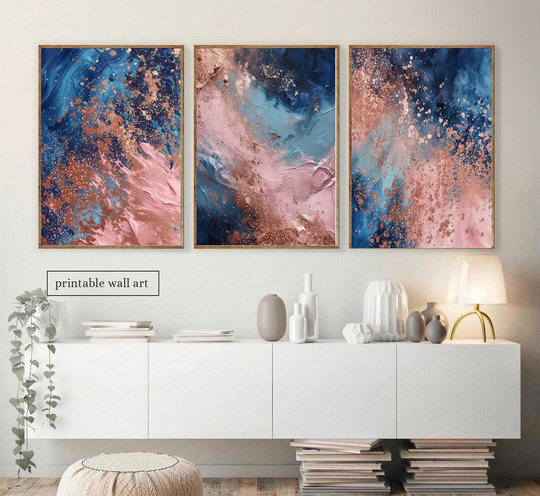 Navy Pink Wall Art Set of 3, Mdoern Abstract Prints Set Blue Pink Wall ...