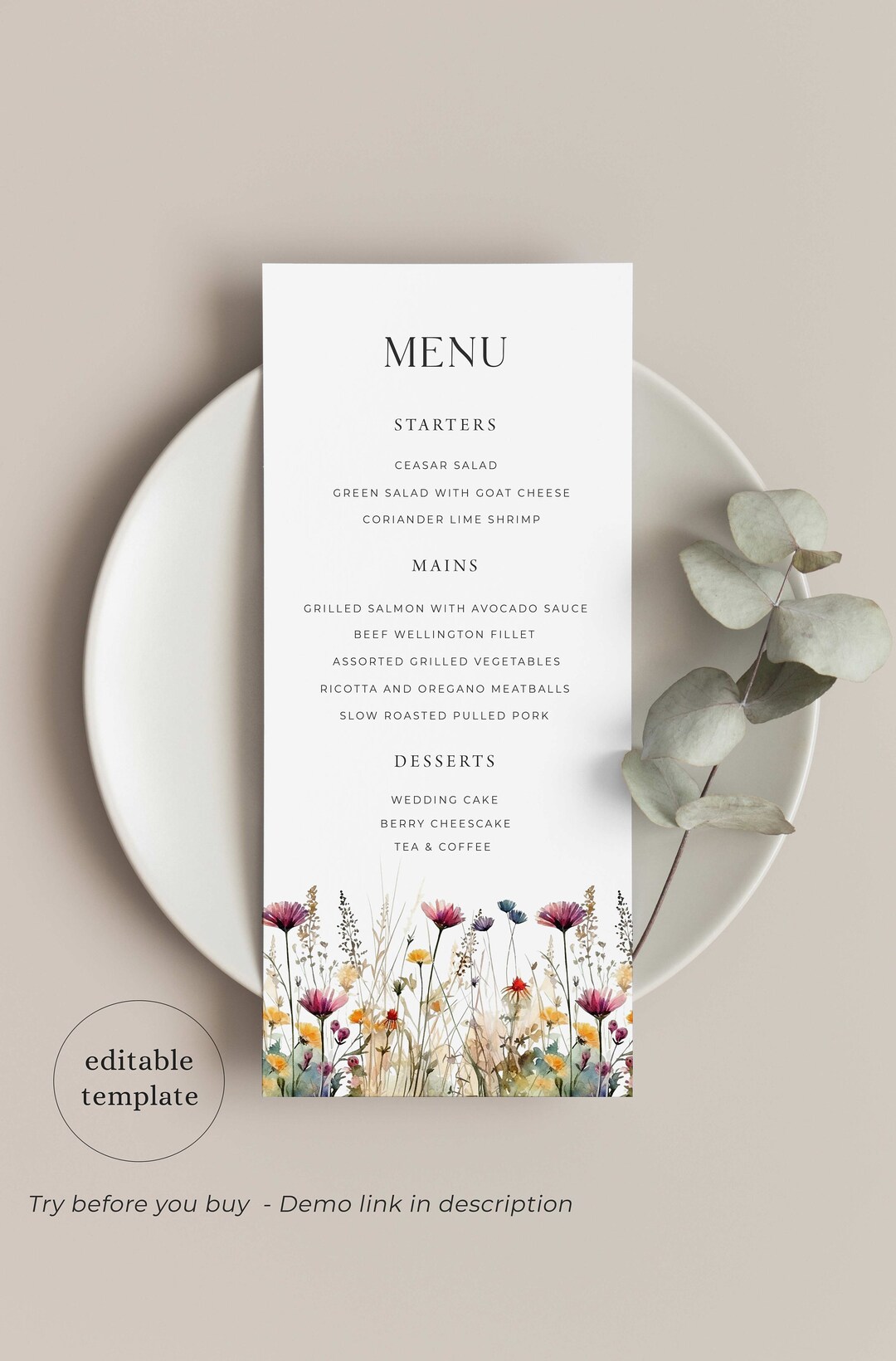 Wildflower Wedding Menu Template, Boho Wedding Menu, Wildflower Menu ...