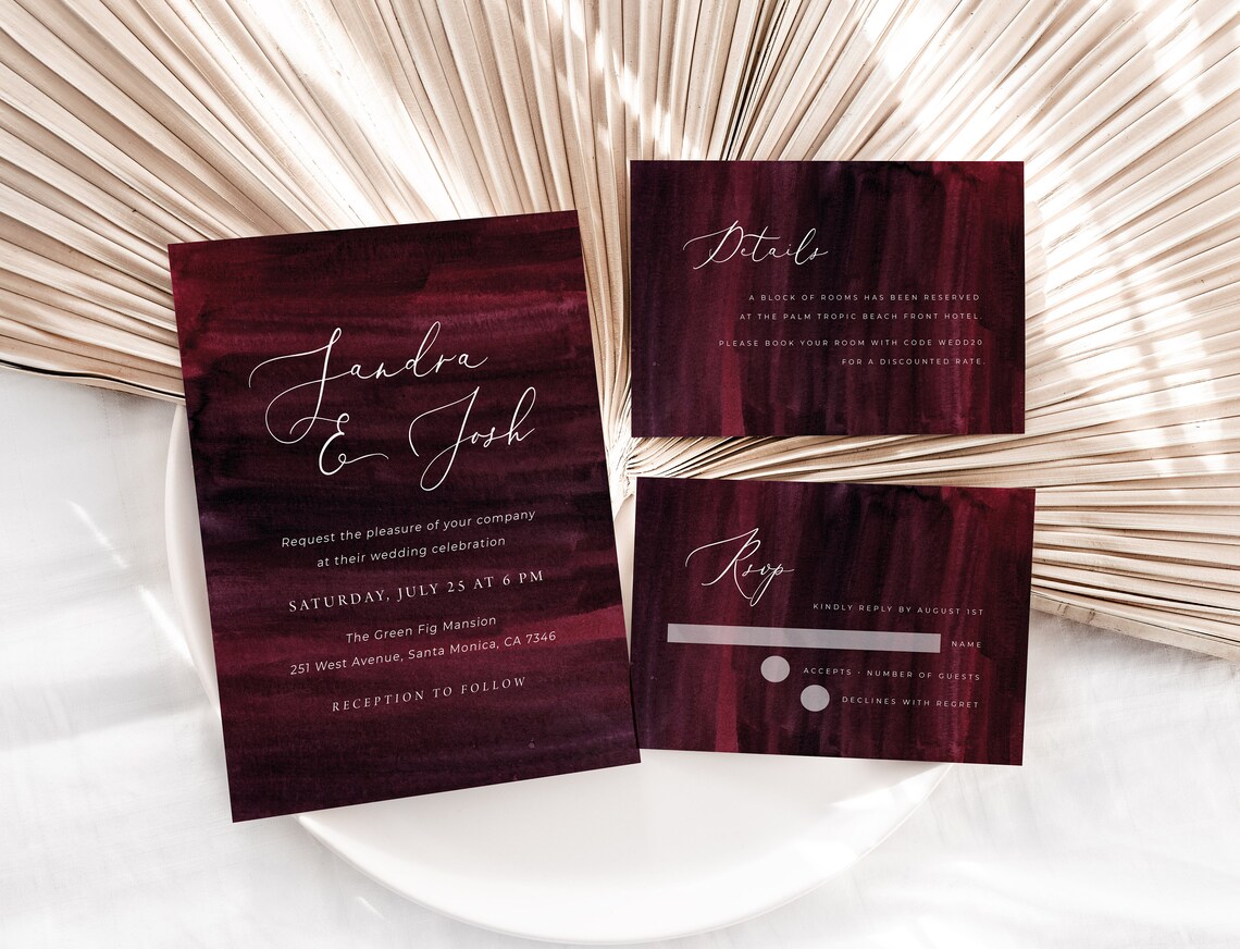 Burgundy Wedding Invitation Template Burgundy Wedding | Etsy