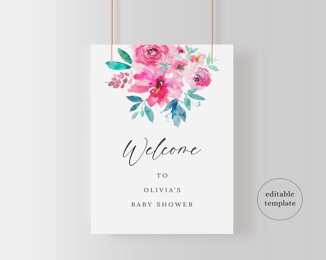 Pink Floral Baby Shower Welcome Sign Template, Girl Baby Shower Welcome ...