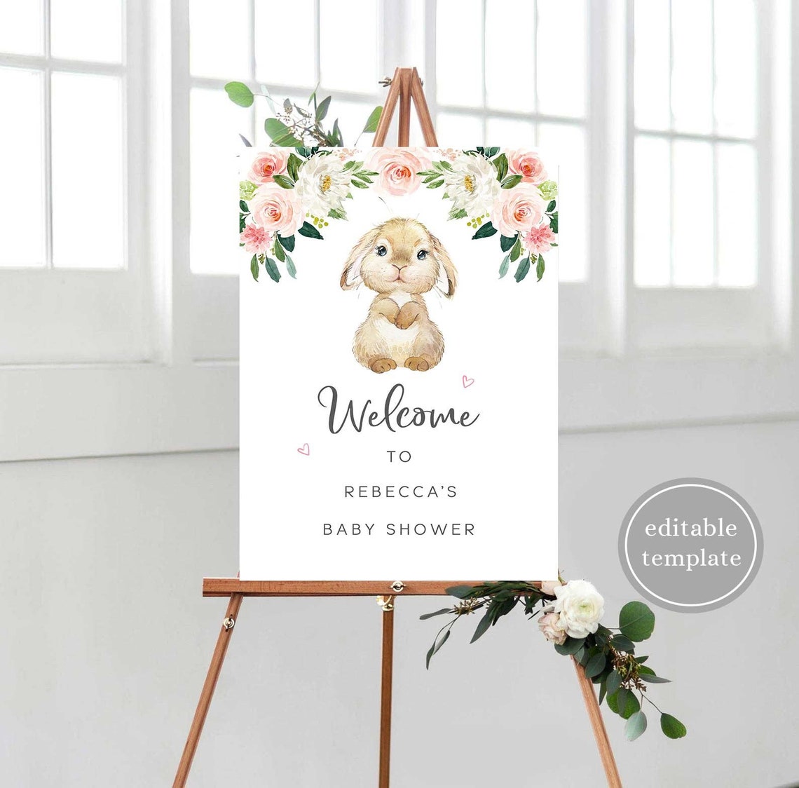 Bunny Baby Shower Welcome Sign Template Pink Floral Welcome - Etsy