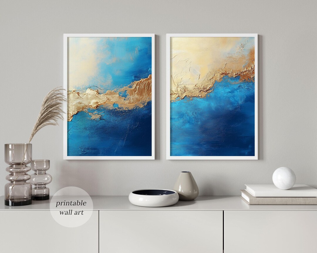 Blue Gold Wall Art, Blue Gold Prints, Abstract Blue Wall Art, Navy Art ...