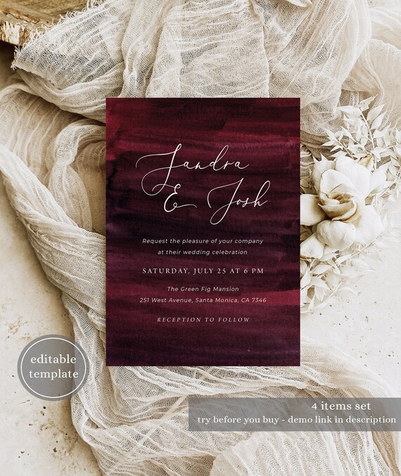 Burgundy Wedding Invitation Template Burgundy Wedding | Etsy