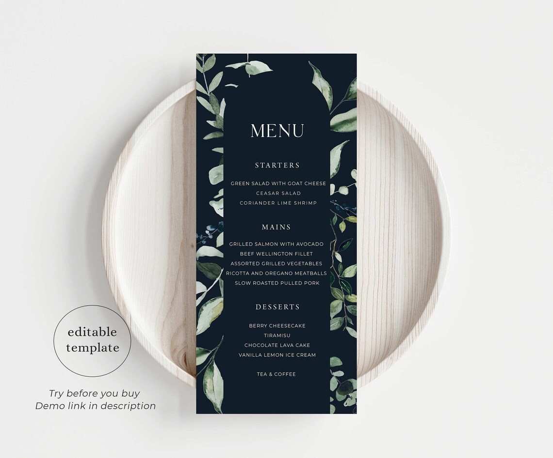 Botanical Wedding Menu Template Editable Greenery Wedding - Etsy