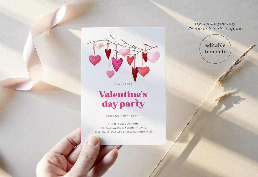 Valentines Day Party Invitation Template, Valentines Birthday ...