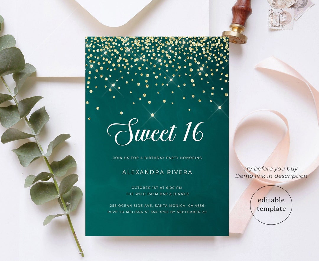 Sweet 16 Invitation Emerald Green Gold, Sweet 16 Invitation Template ...