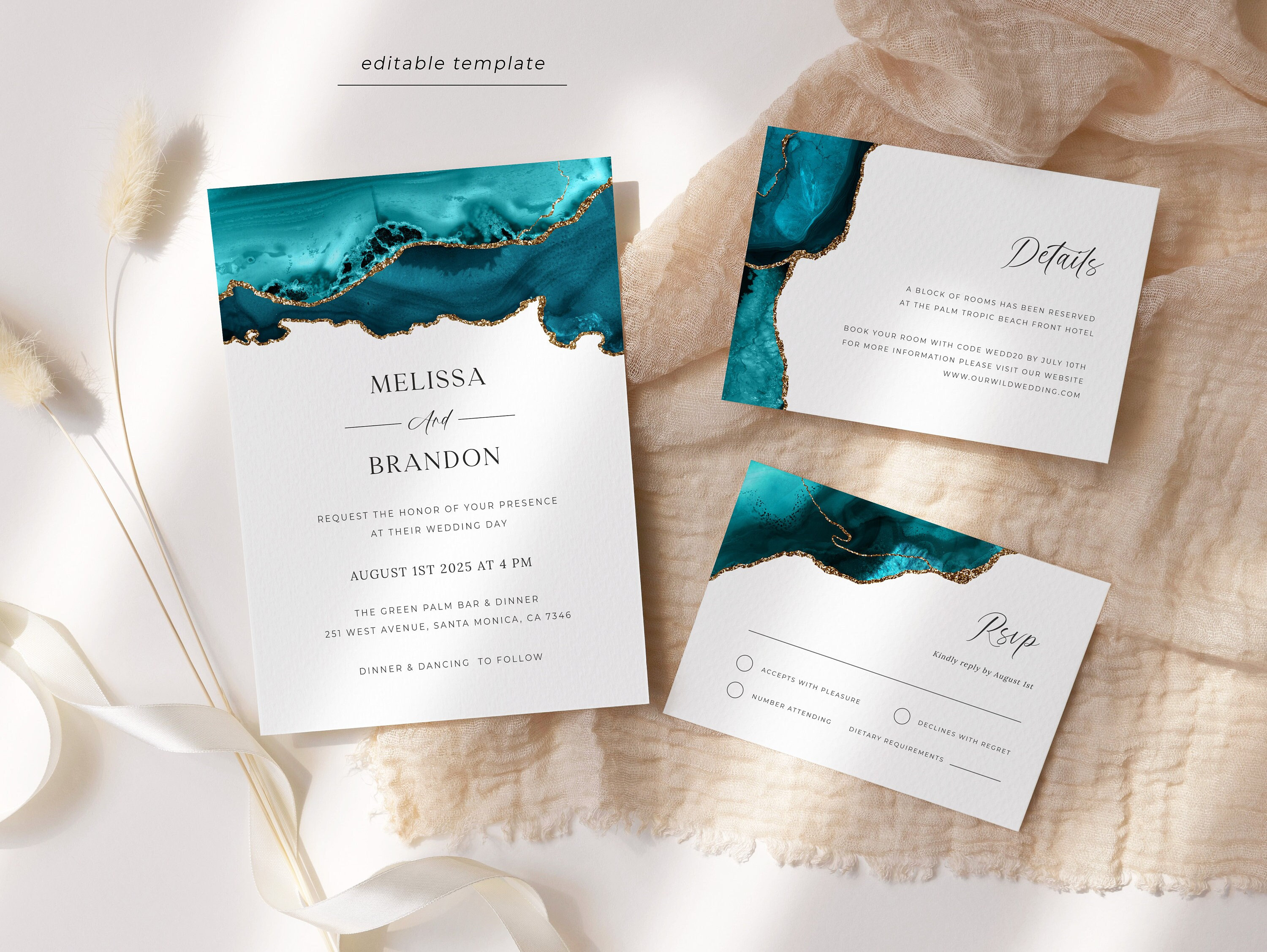 Turquoise And Gold Wedding Invitations