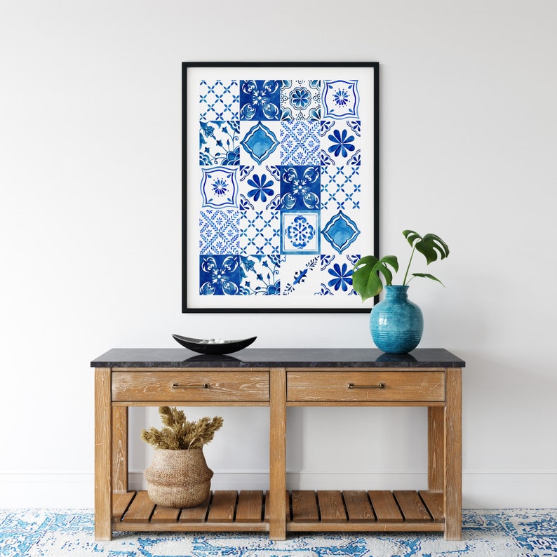 Mediterranean Wall Art Print, Blue Tiles, Santorini Greek Wall Art ...